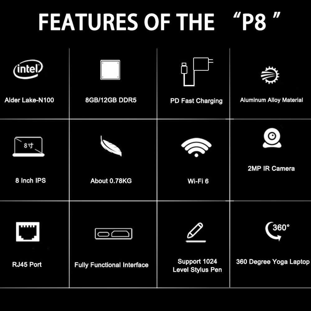 Crelander P8 Pocket Laptop 8 inch Intel Alder Lake N150 Mini PC ...
